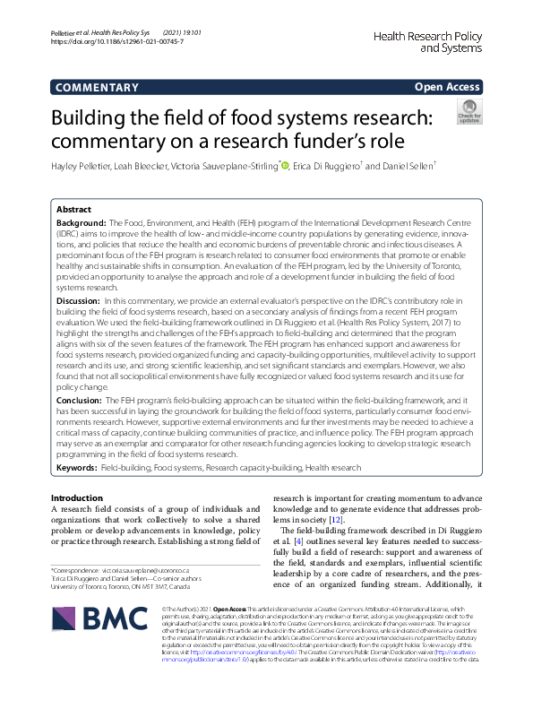 (PDF) Building the field of food systems research: commentary on a ...