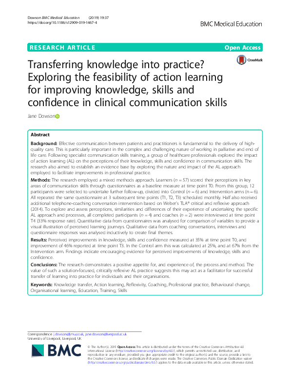 (PDF) Transferring knowledge into practice? Exploring the feasibility of action learning for ...