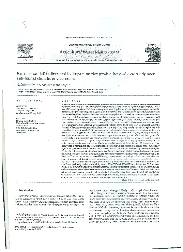 (PDF) Extreme rainfall indices and its impact on rice productivity—A ...