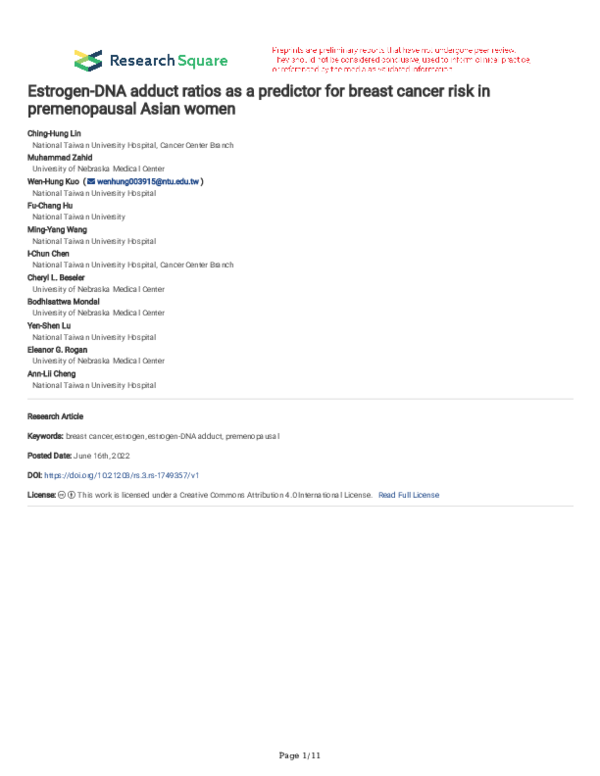 (PDF) Estrogen-DNA adduct ratios as a predictor for breast cancer risk in premenopausal Asian women