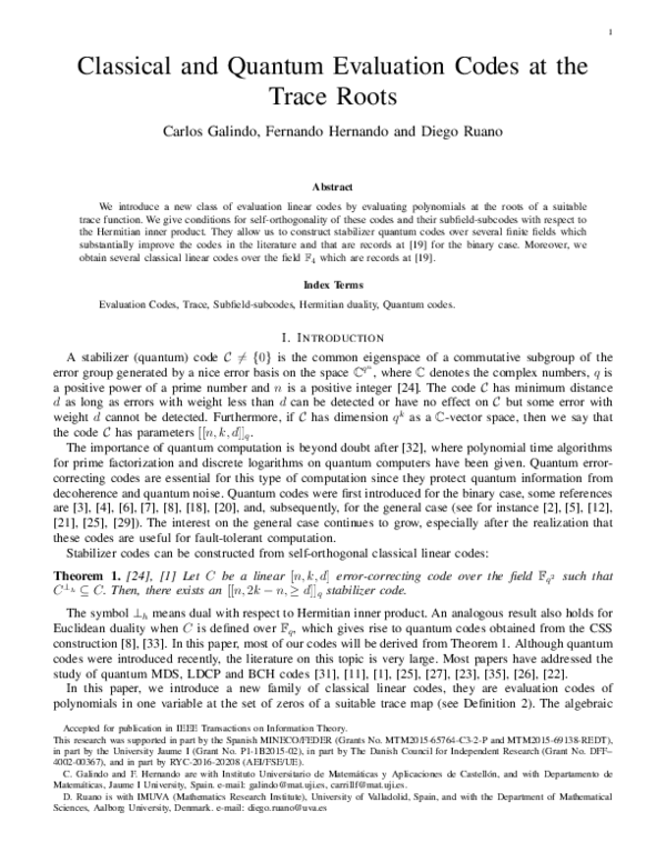 (PDF) Classical and Quantum Evaluation Codes at the Trace Roots