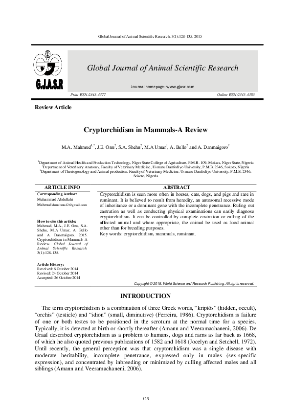 (PDF) Cryptorchidism in Mammals: A Review