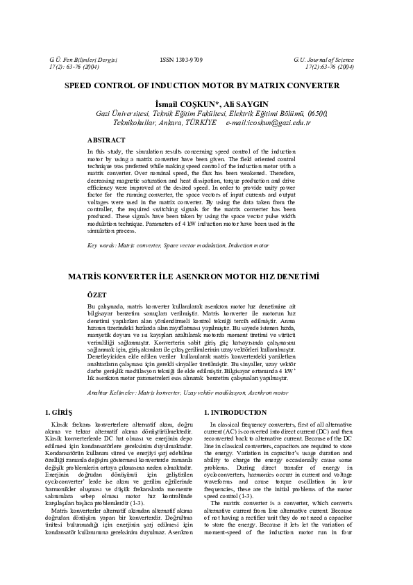 (PDF) SPEED CONTROL OF INDUCTION MOTOR BY MATRIX CONVERTER