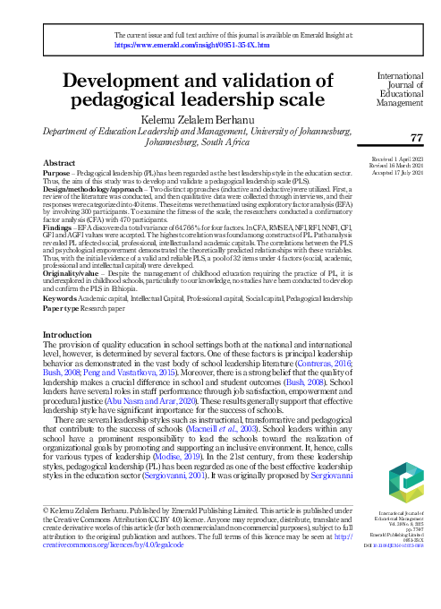 (PDF) Development and validation of pedagogical leadership scale