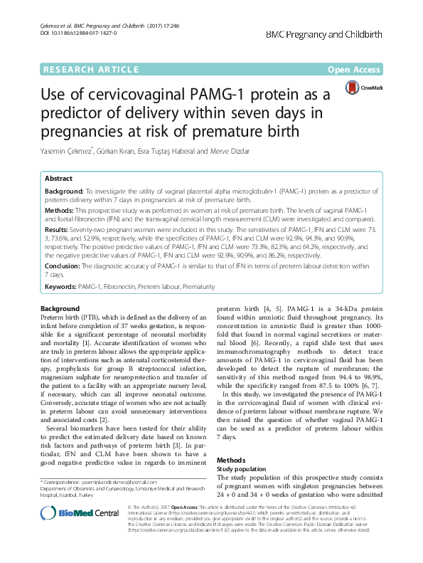 (PDF) Use of cervicovaginal PAMG-1 protein as a predictor of delivery ...