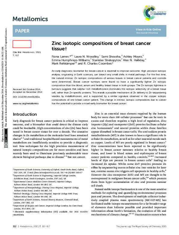 (PDF) Zinc isotopic compositions of breast cancer tissue