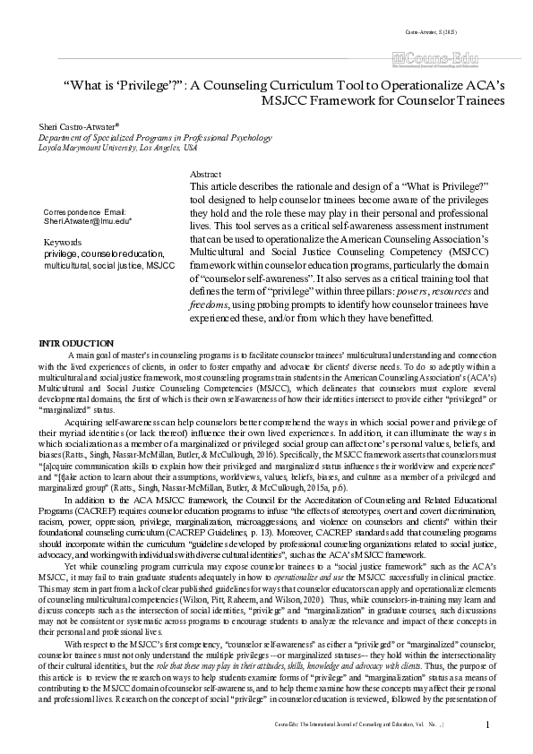 (PDF) "What is 'Privilege'?": A Counseling Curriculum Tool to ...