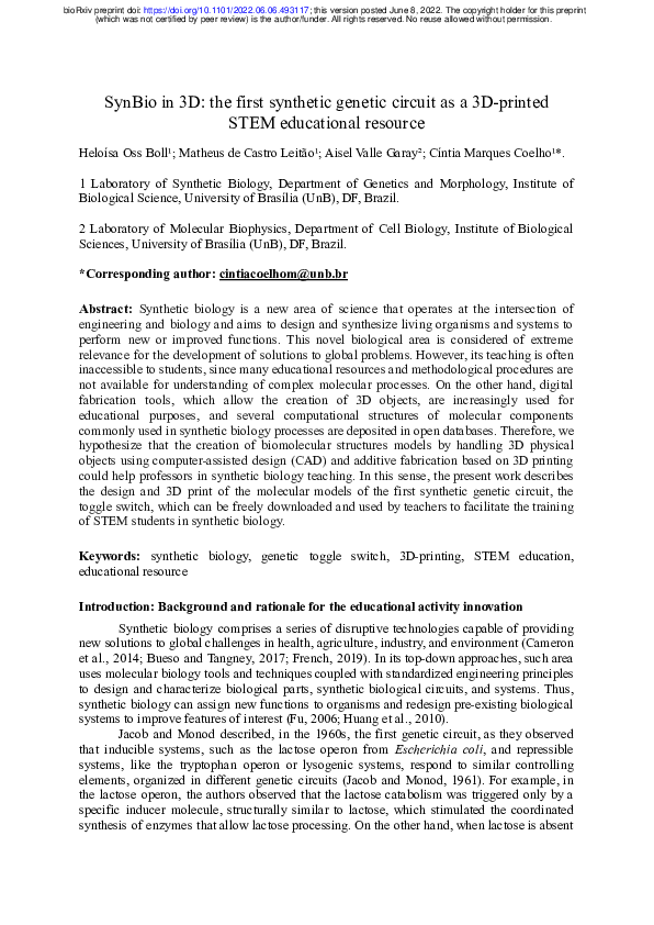 (PDF) SynBio in 3D: the first synthetic genetic circuit as a 3D-printed ...