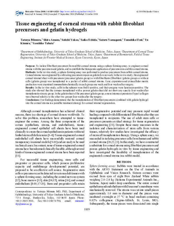 (PDF) Tissue engineering of corneal stroma with rabbit fibroblast precursors and gelatin hydrogels