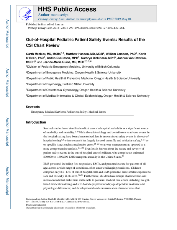 (PDF) Out-of-Hospital Pediatric Patient Safety Events: Results of the CSI Chart Review