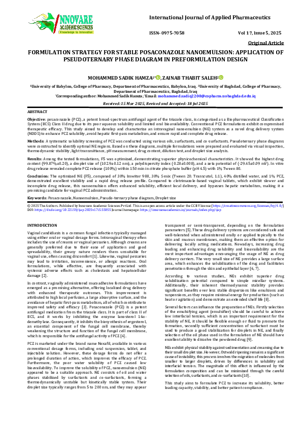 (PDF) FORMULATION STRATEGY FOR STABLE POSACONAZOLE NANOEMULSION ...