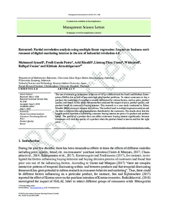 (PDF) Partial correlation analysis using multiple linear regression: Impact on business ...