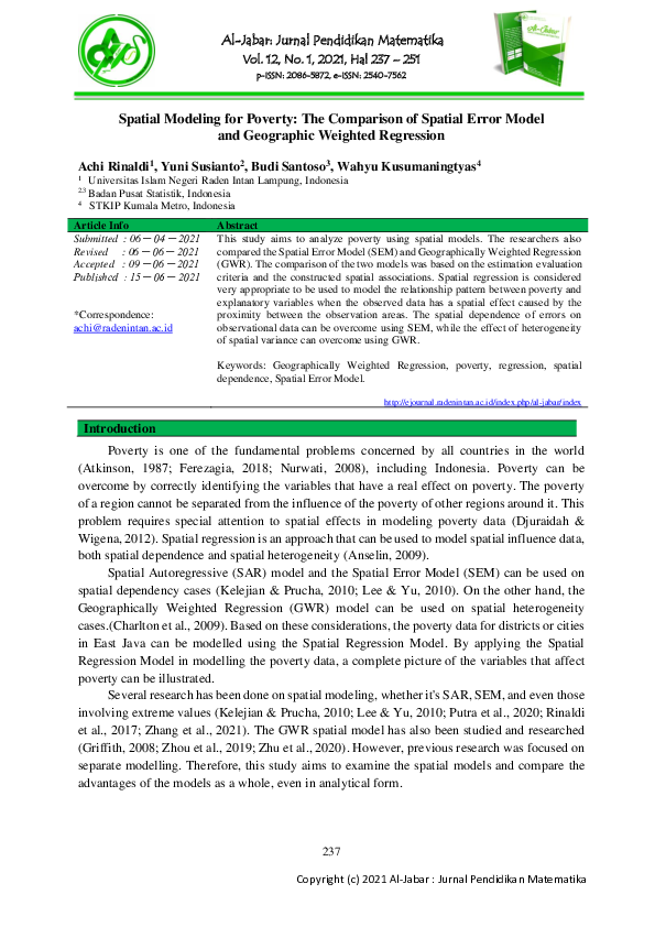 (PDF) Spatial Modeling for Poverty: The Comparison of Spatial Error Model and Geographic ...