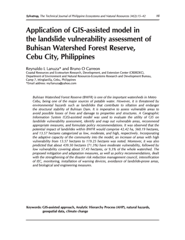 (PDF) Application og GIS-assisted model in landslide vulnerability assessment of Buhisan ...