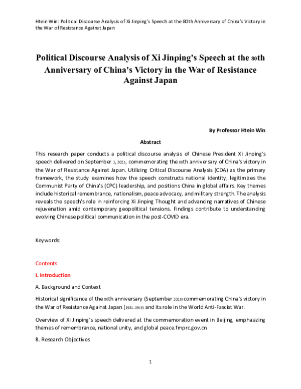 (PDF) Political Discourse Analysis of Xi Jinping's Speech at the 80th ...