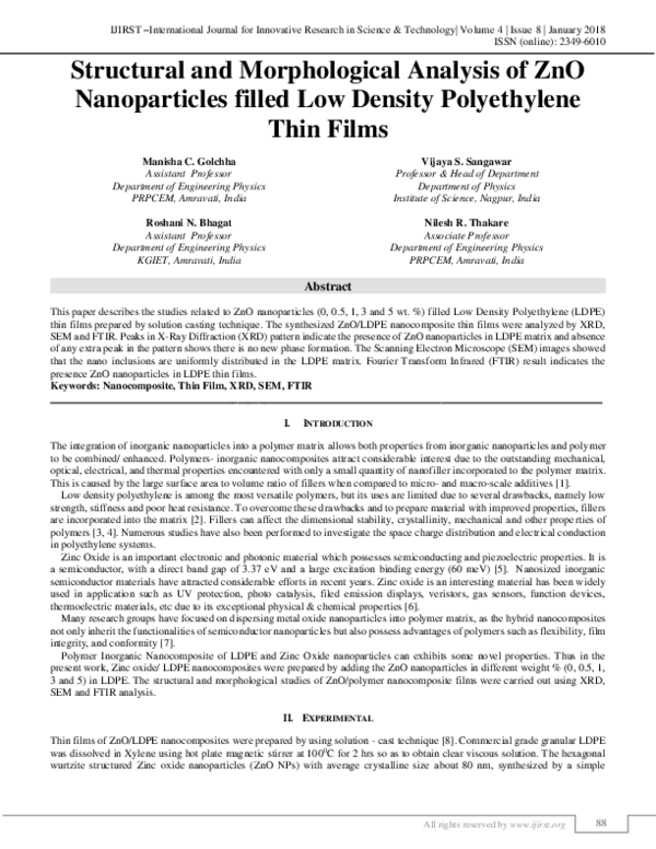 (PDF) Structural and Morphological Analysis of ZnO Nanoparticles filled Low Density Polyethylene ...