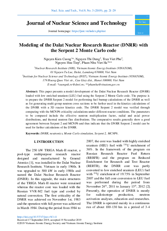 (PDF) Modeling of the Dalat Nuclear Research Reactor (DNRR) with the ...