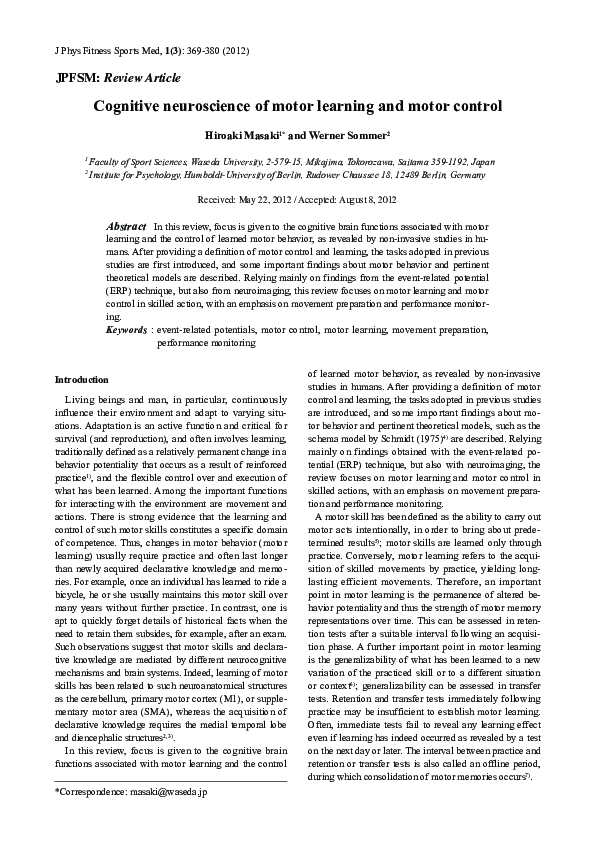 (PDF) Cognitive neuroscience of motor learning and motor control