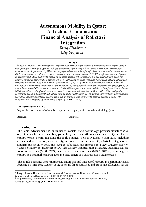 (PDF) Autonomous Mobility in Qatar: A Techno-Economic and Financial ...