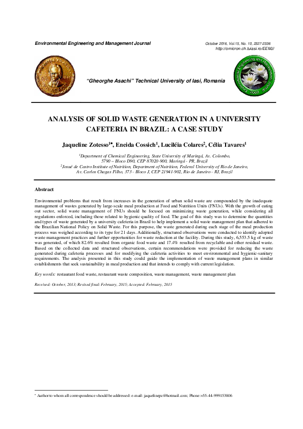 (PDF) Analysis of Solid Waste Generation in a University Cafeteria in Brazil: A Case Study