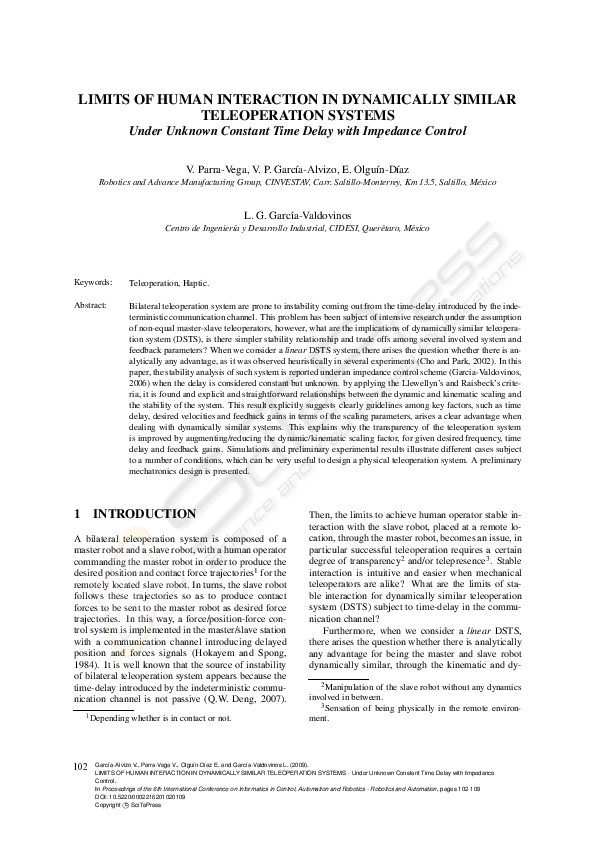 (PDF) LIMITS OF HUMAN INTERACTION IN DYNAMICALLY SIMILAR TELEOPERATION SYSTEMS - Under Unknown ...