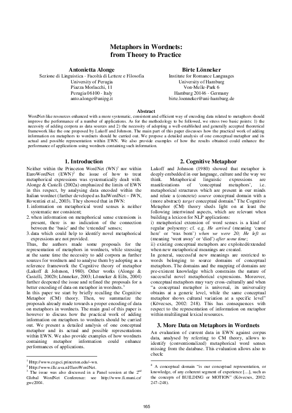 (PDF) Metaphors in Wordnets: from theory to practice