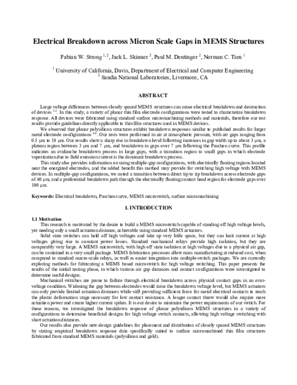 (PDF) Electrical breakdown across micron scale gaps in MEMS structures