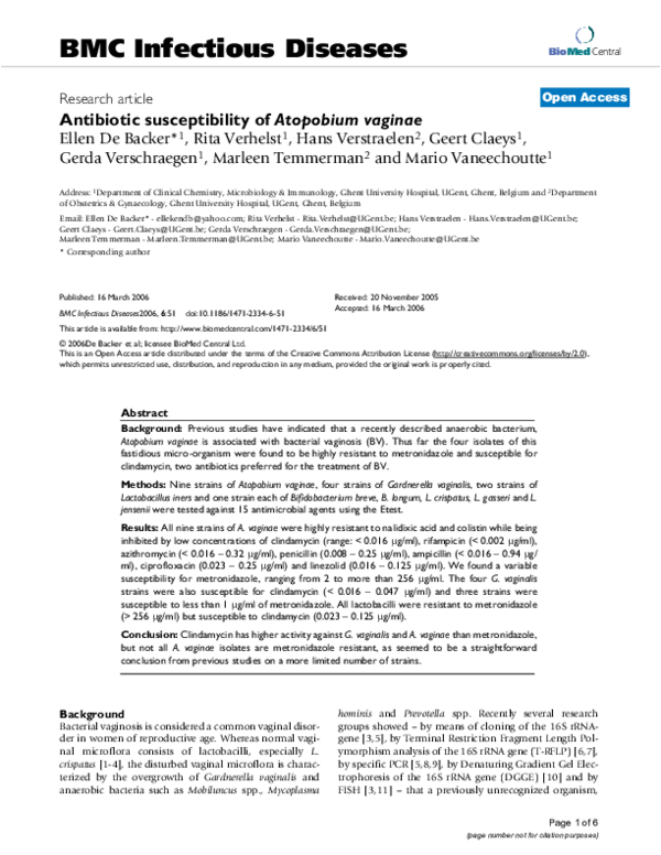 (PDF) Antibiotic susceptibility of Atopobium vaginae