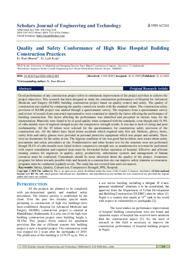 (PDF) Quality and Safety Conformance of High Rise Hospital Building Construction Practices