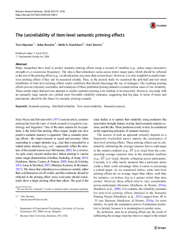 (PDF) The (un)reliability of item-level semantic priming effects
