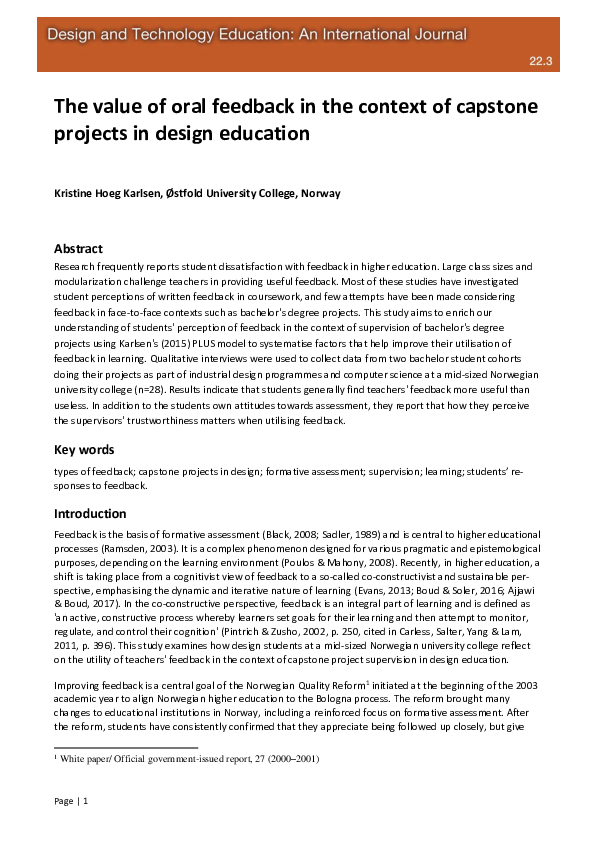 (PDF) The value of oral feedback in the context of capstone projects in ...