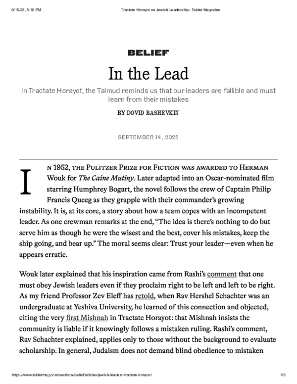 (PDF) David Bashevkin, "In the Lead," Tablet Magazine, 14 September 2025