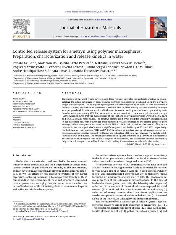 (PDF) Controlled release system for ametryn using polymer microspheres ...