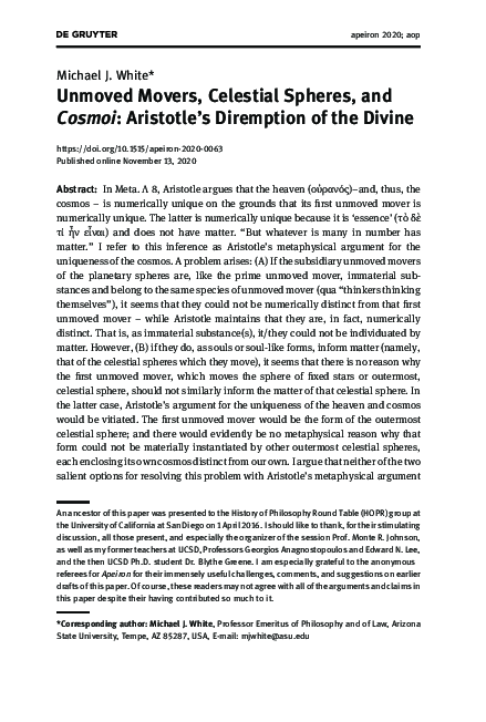 (PDF) Unmoved Movers, Celestial Spheres, and Cosmoi: Aristotle's ...