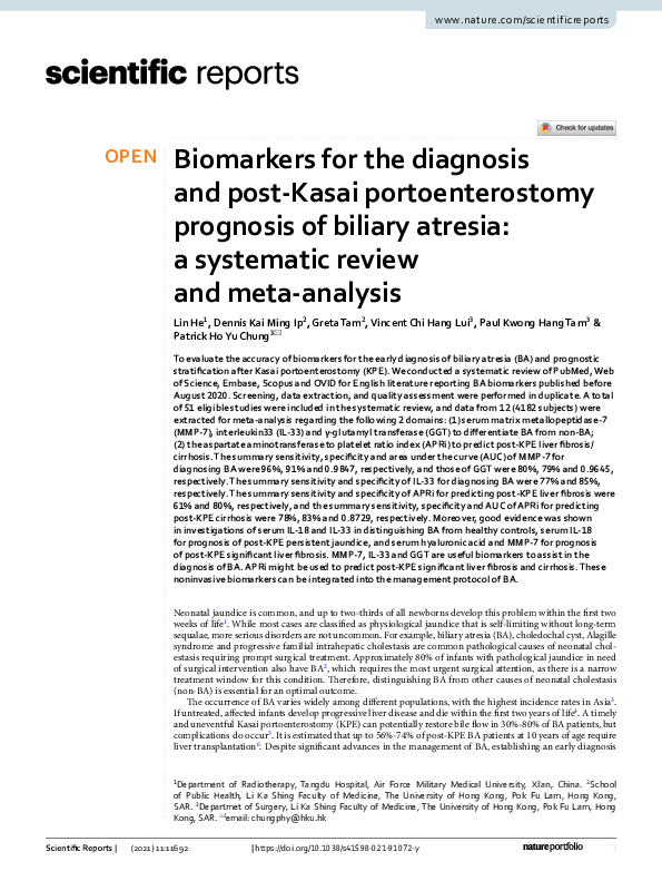 (PDF) Biomarkers for the diagnosis and post-Kasai portoenterostomy ...