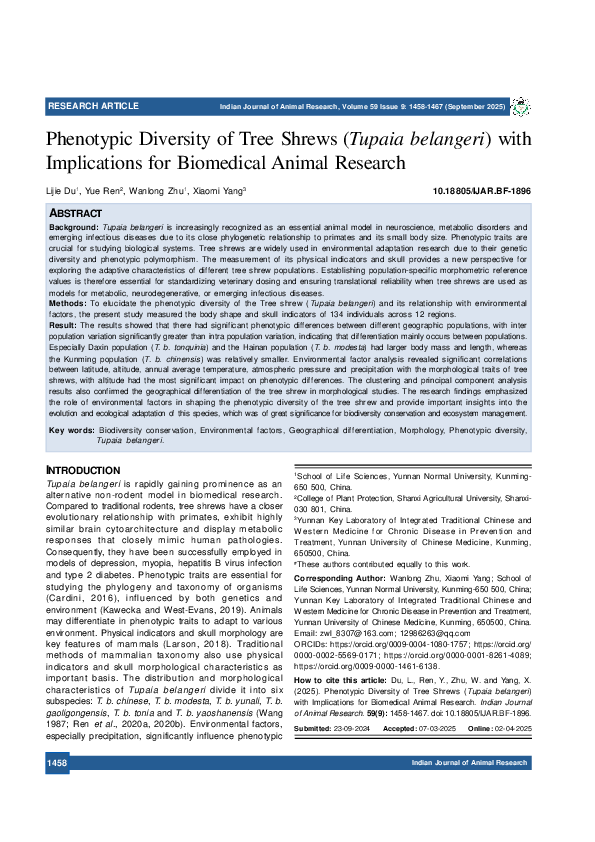 (PDF) Phenotypic Diversity of Tree Shrews (Tupaia belangeri) with ...