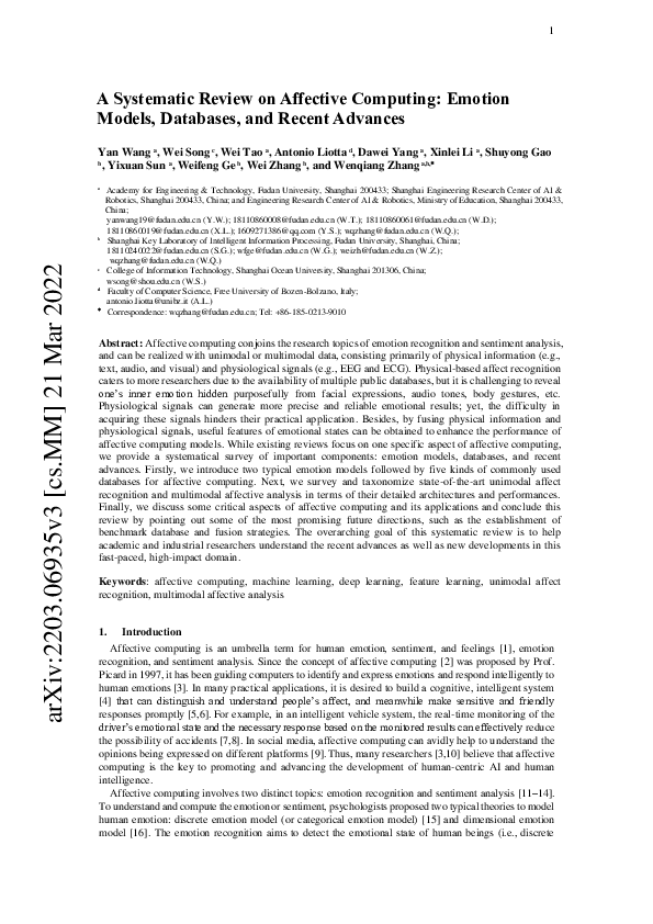(PDF) A systematic review on affective computing: emotion models, databases, and recent advances