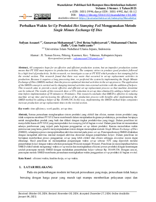 (PDF) Perbaikan Waktu Set Up Produksi Hot Stamping Foil Menggunakan ...
