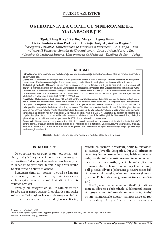 (PDF) Osteopenia La Copiii Cu Sindroame De Malabsorbţie