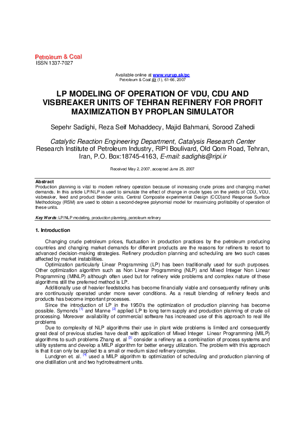 (PDF) LP Modeling of Operation of Vdu, Cdu and Visbreaker Units of Tehran Refinery for Profit ...