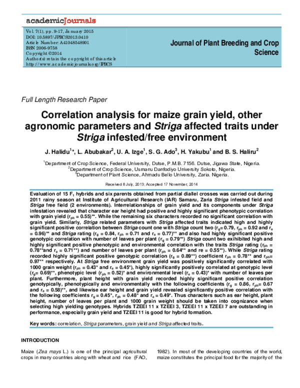 (PDF) Correlation analysis for maize grain yield, other agronomic parameters and Striga affected ...