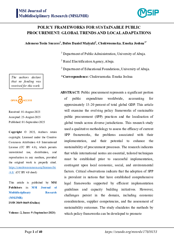 (PDF) POLICY FRAMEWORKS FOR SUSTAINABLE PUBLIC PROCUREMENT: GLOBAL ...