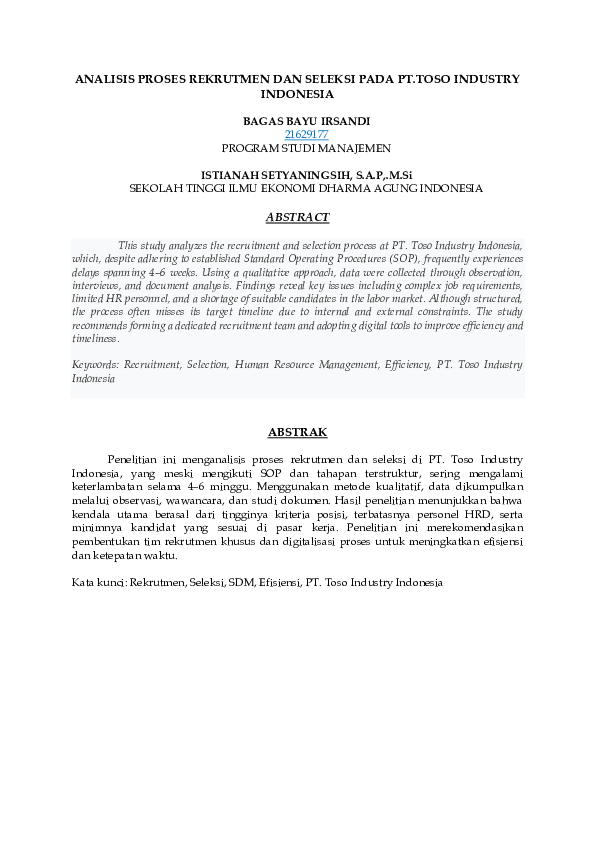 (PDF) ANALISIS PROSES REKRUTMEN DAN SELEKSI PADA PT.TOSO INDUSTRY INDONESIA
