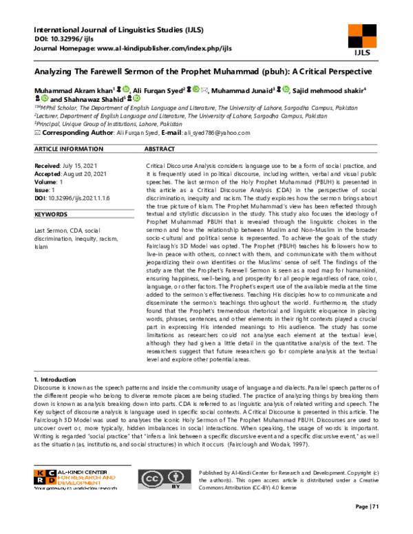 (PDF) Analyzing The Farewell Sermon of the Prophet Muhammad (pbuh) A ...