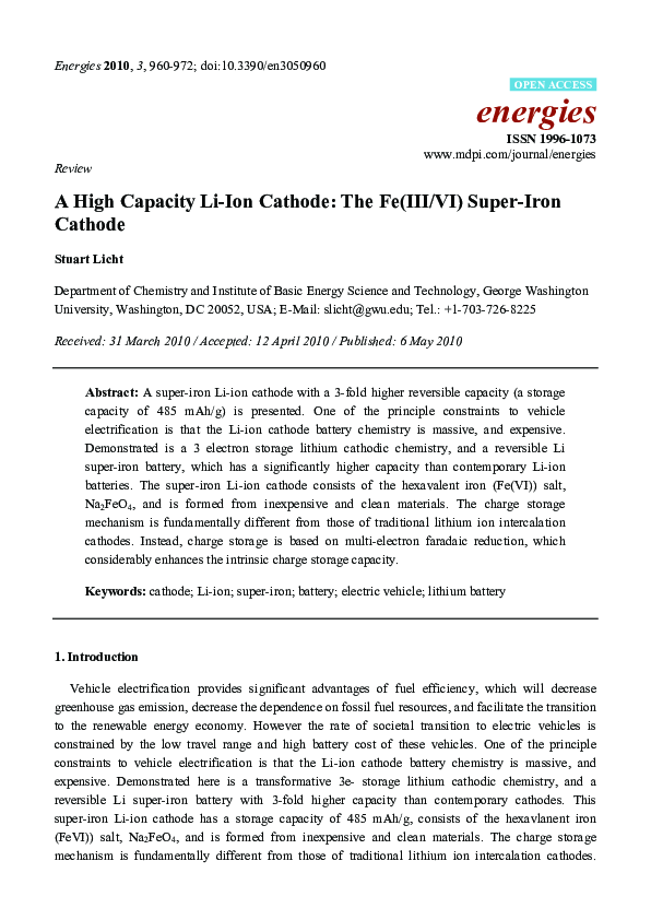 (PDF) A High Capacity Li-Ion Cathode: The Fe(III/VI) Super-Iron Cathode