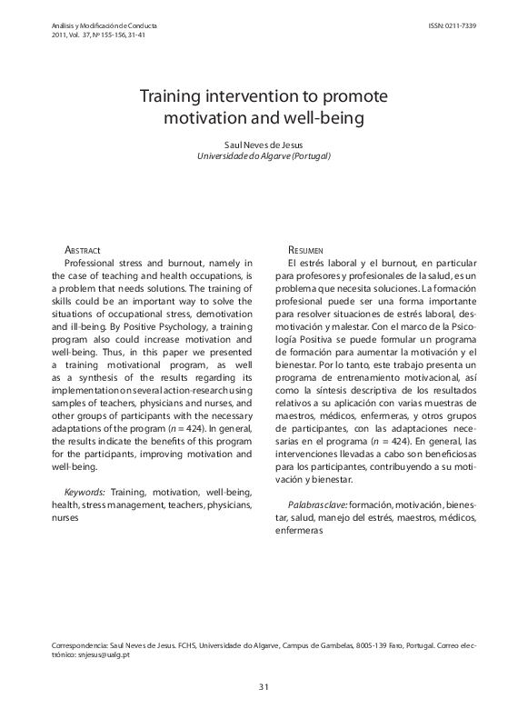 (PDF) Training intervention to promote motivation and well-being
