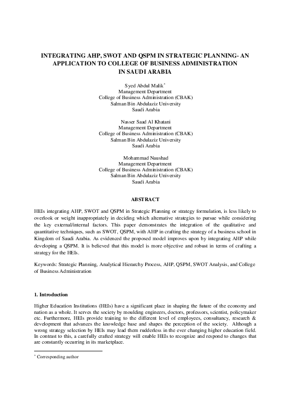 (PDF) Integrating AHP, SWOT and QSPM in strategic planning- an ...