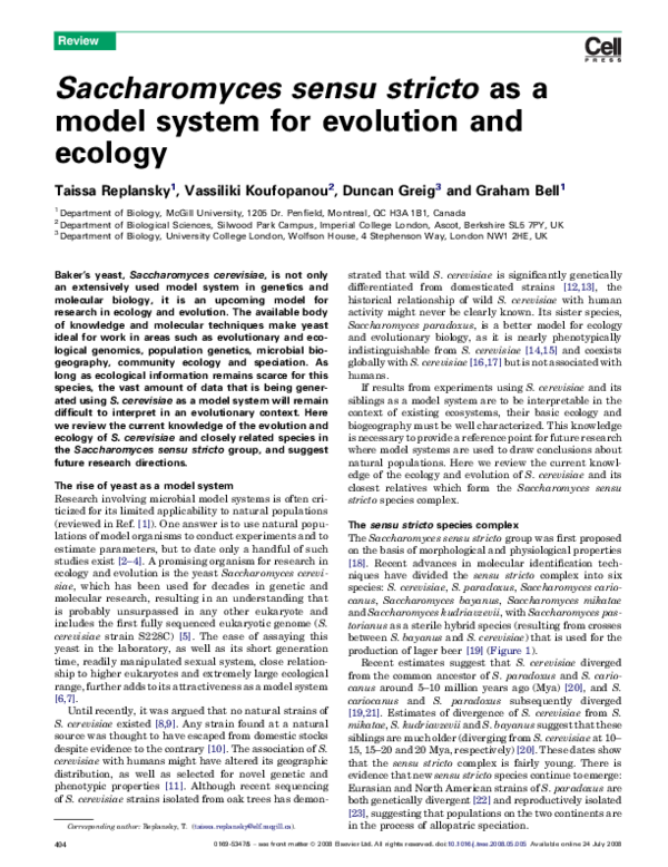 (PDF) Saccharomyces sensu stricto as a model system for evolution and ...