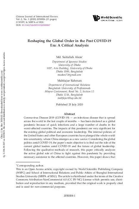 (PDF) Reshaping the Global Order in the Post COVID-19 Era: A Critical ...