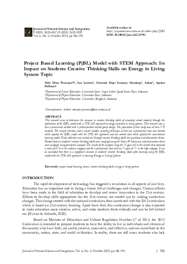 (PDF) Project Based Learning (PjBL) Model with STEAM Approach: Its ...